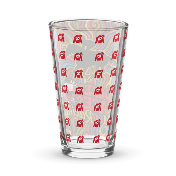 Shaker pint glass - “Psychedelic Aces” poster over red silks pattern ...