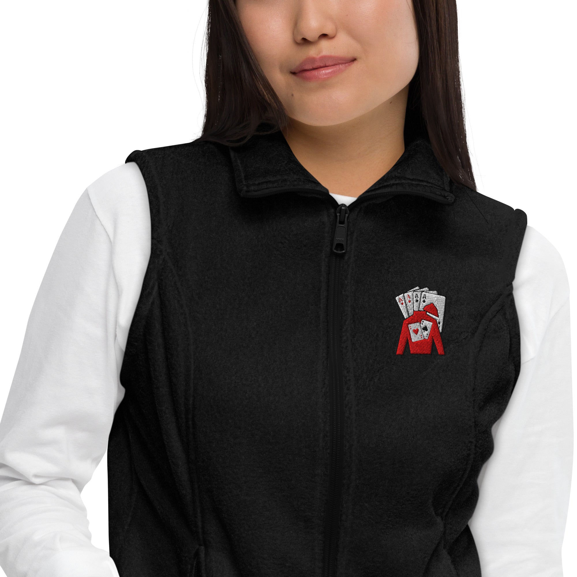 Women’s Columbia fleece vest - Embroidered White cards behind silks lo ...